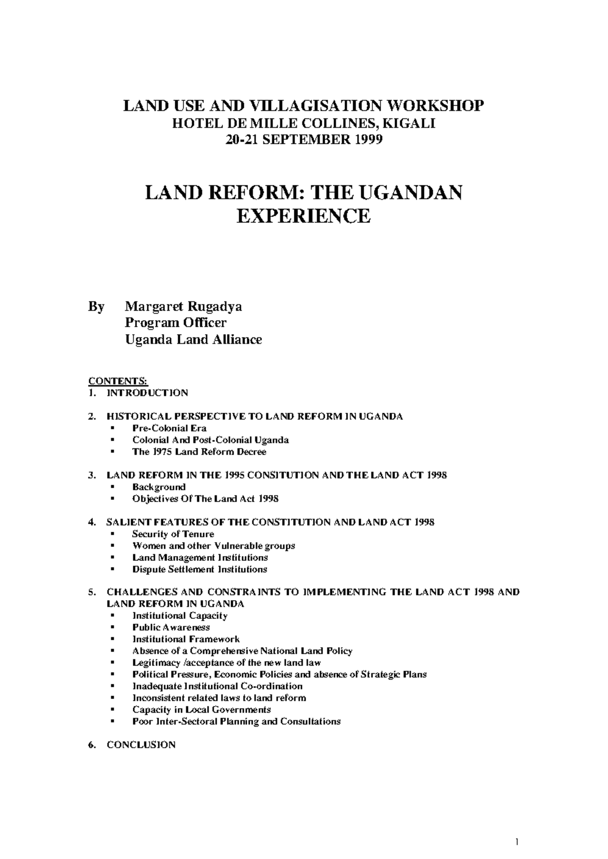 Land reform ugandan experience - LAND USE AND VILLAGISATION WORKSHOP ...