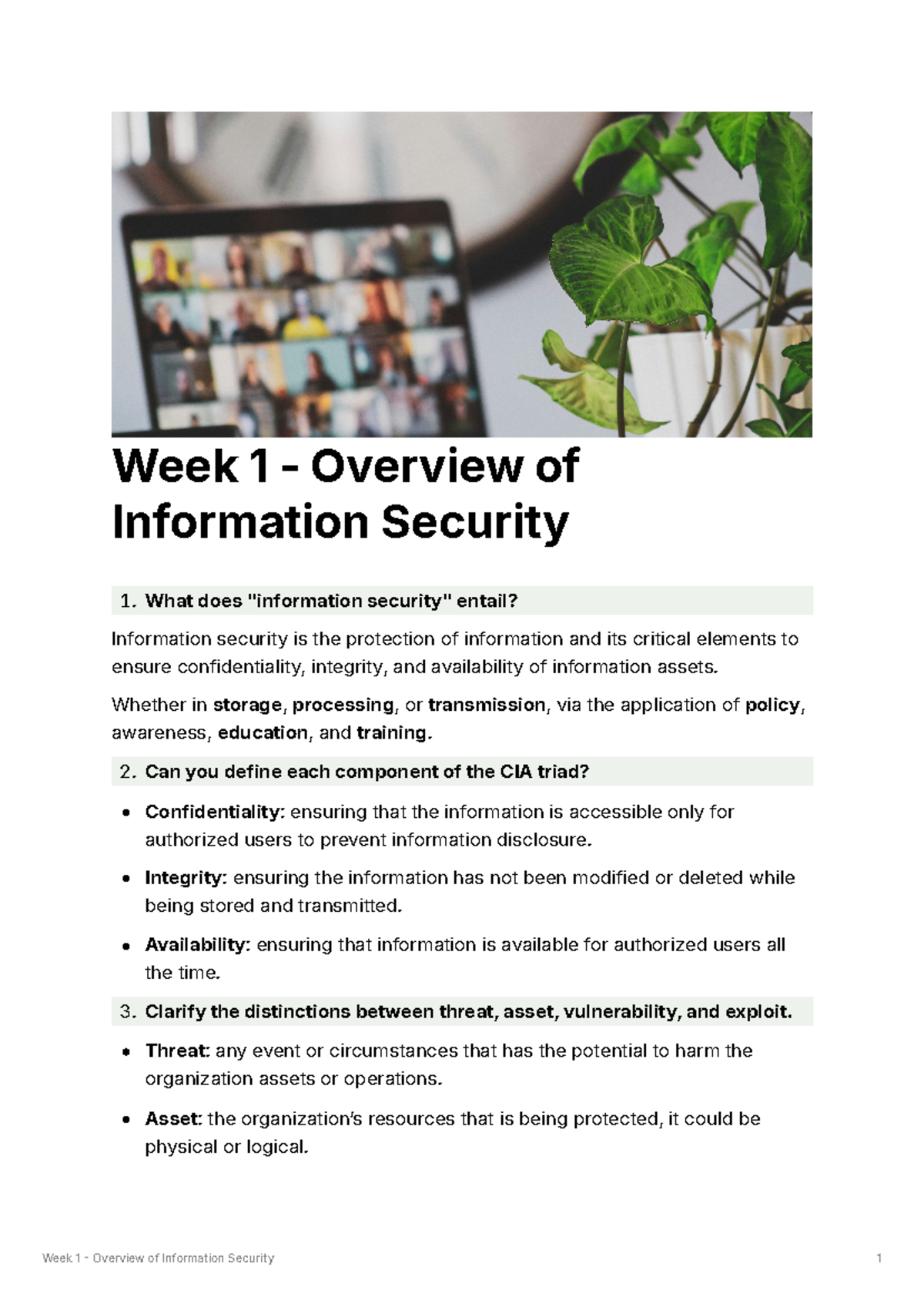 Week 1 - Overview of Information Security - Week 1 - Overview of ...