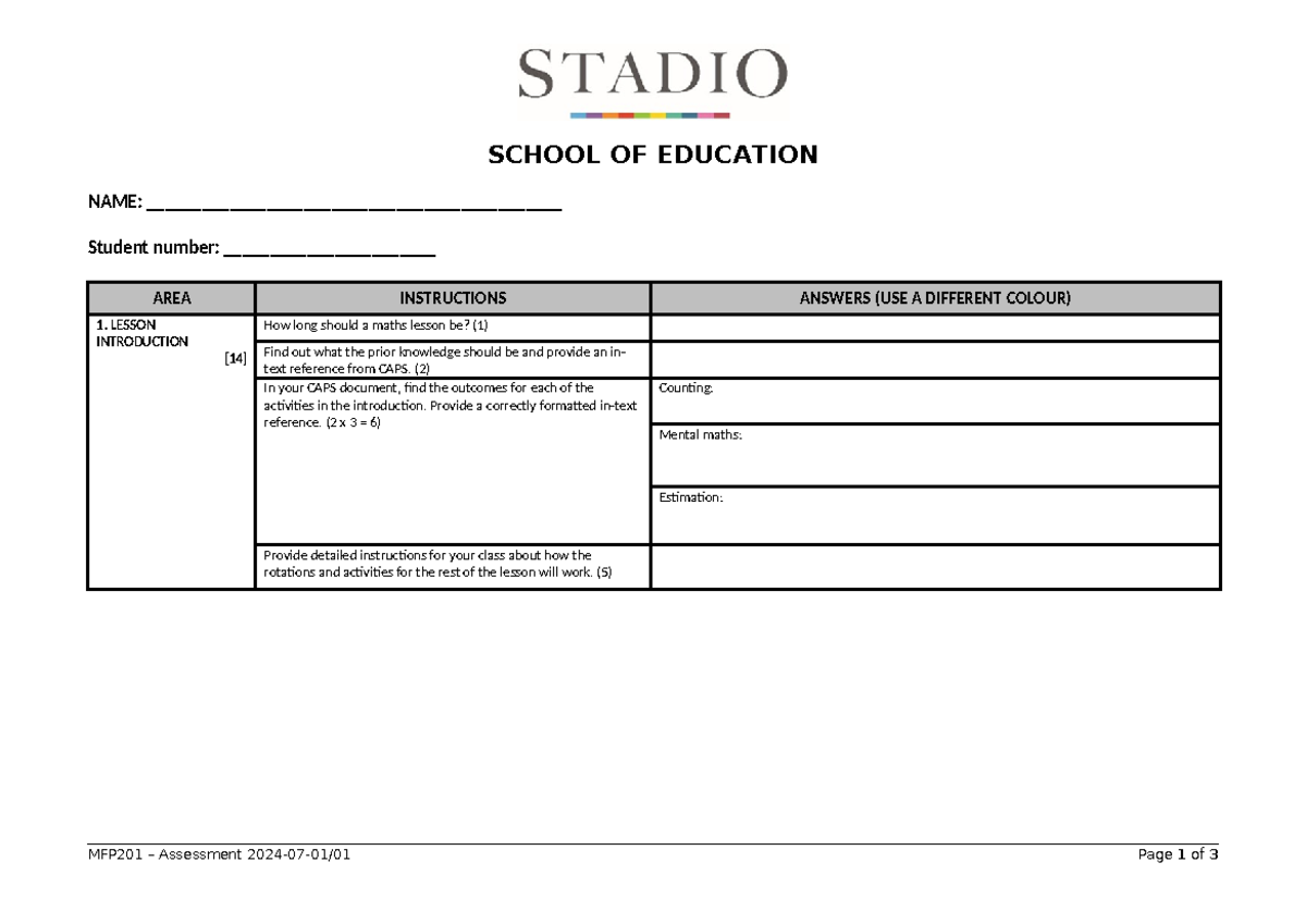 Stadio Answer Template MFP201 SS1 2024 - SCHOOL OF EDUCATION NAME ...