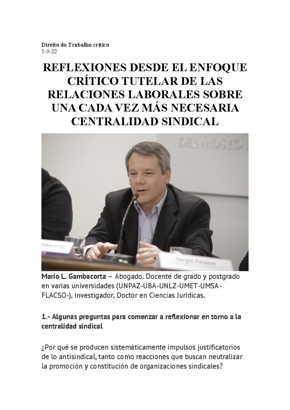 Centralidad Sindical - Direito do Trabalho crítico 5-9- REFLEXIONES DESDE EL ENFOQUE CRÍTICO ...
