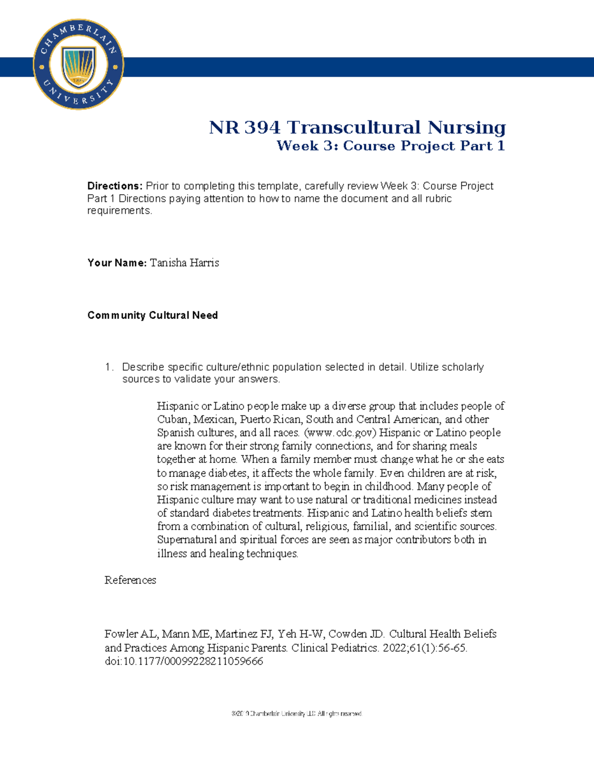 NR394 Course Project Part 1 - NR 394 Transcultural Nursing Week 3 ...