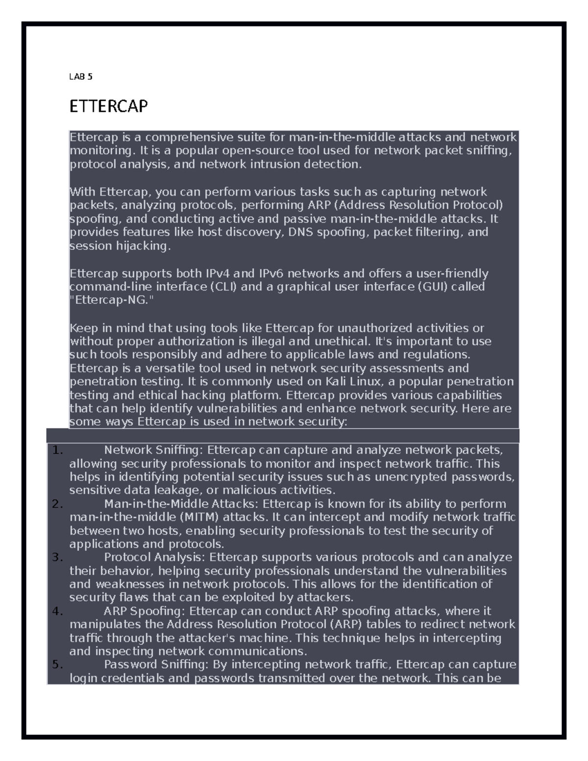 5 Ettercap - LAB 5 ETTERCAP Ettercap is a comprehensive suite for man ...