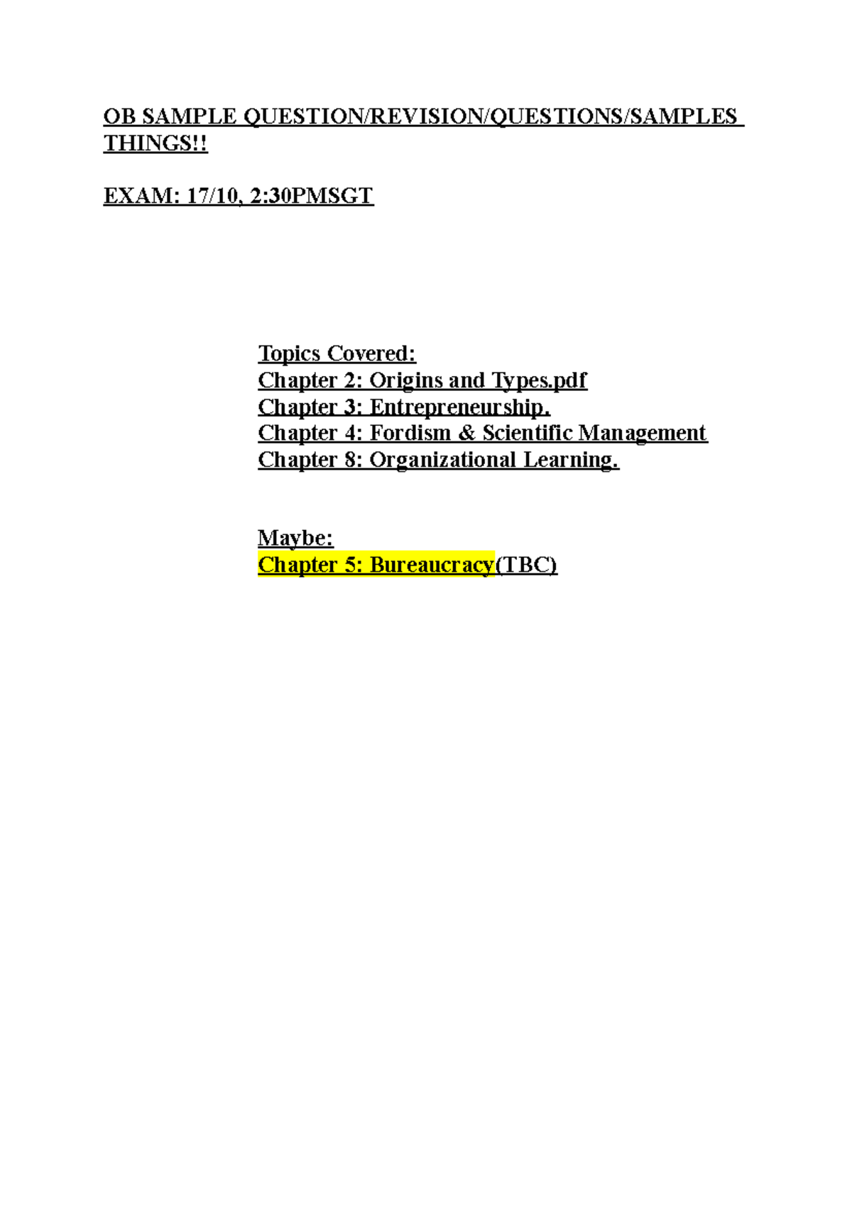 OB Sample Question: Revision: Questions: Samples Things - OB SAMPLE ...