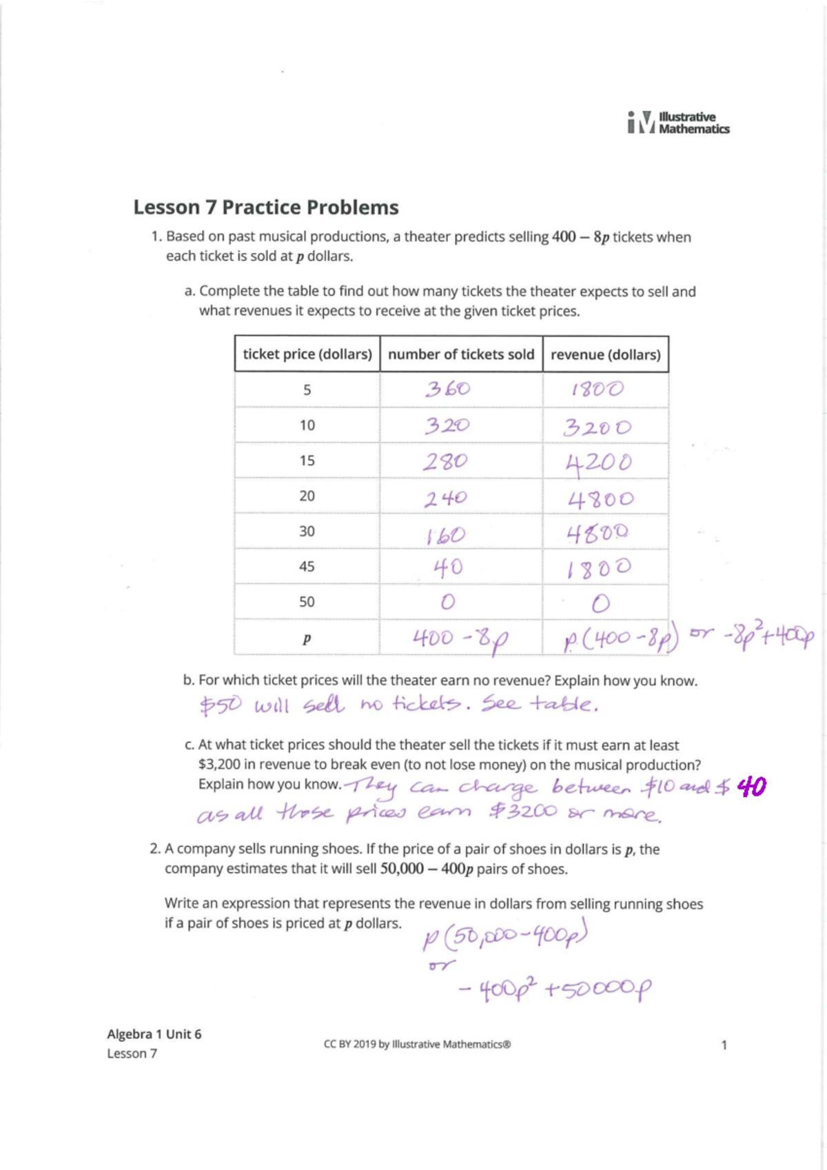 Lesson 7 illustrative math practice problems - Studocu