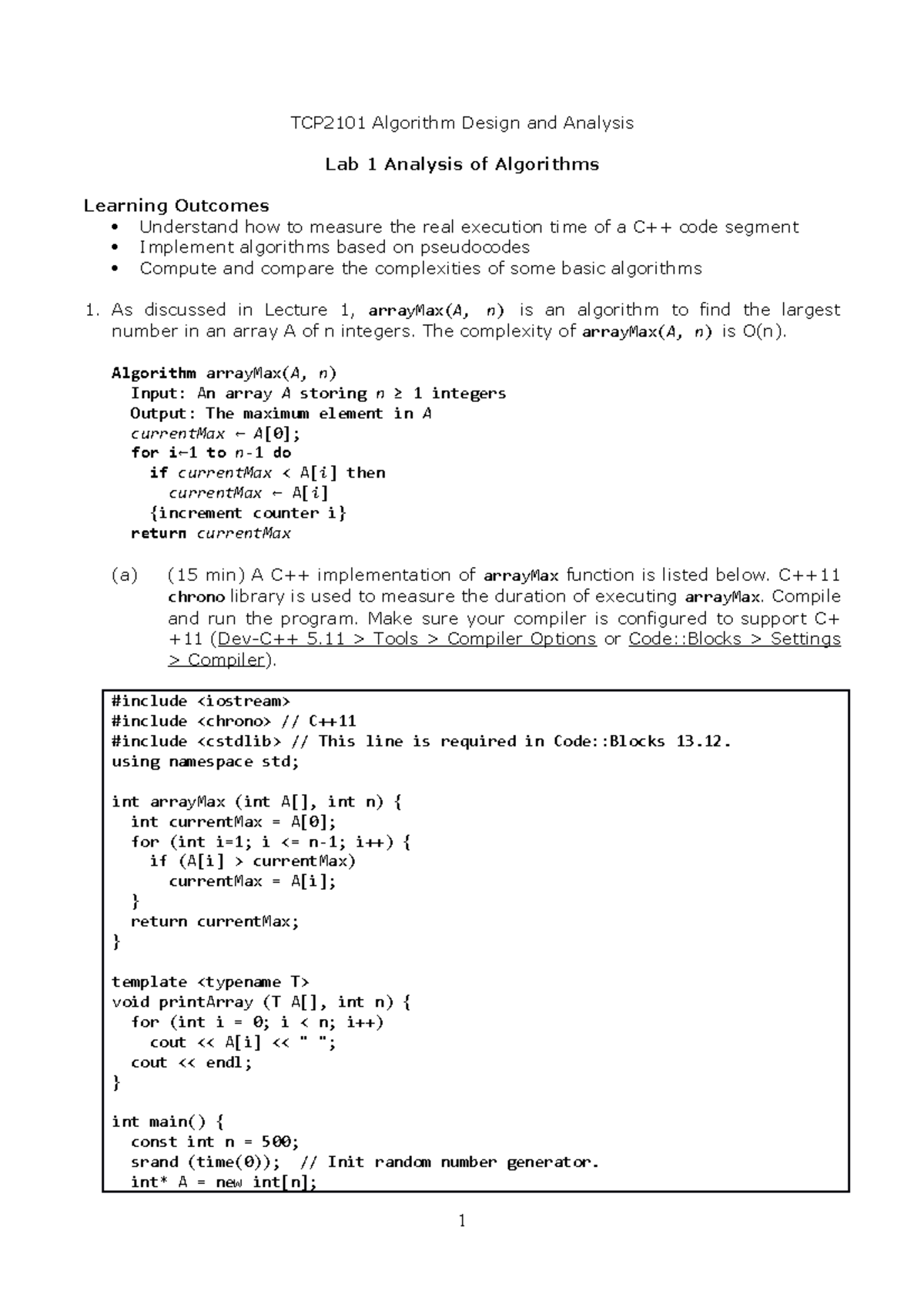 Lab01 Analysis of Algorithms - TCP2101 Algorithm Design and Analysis ...