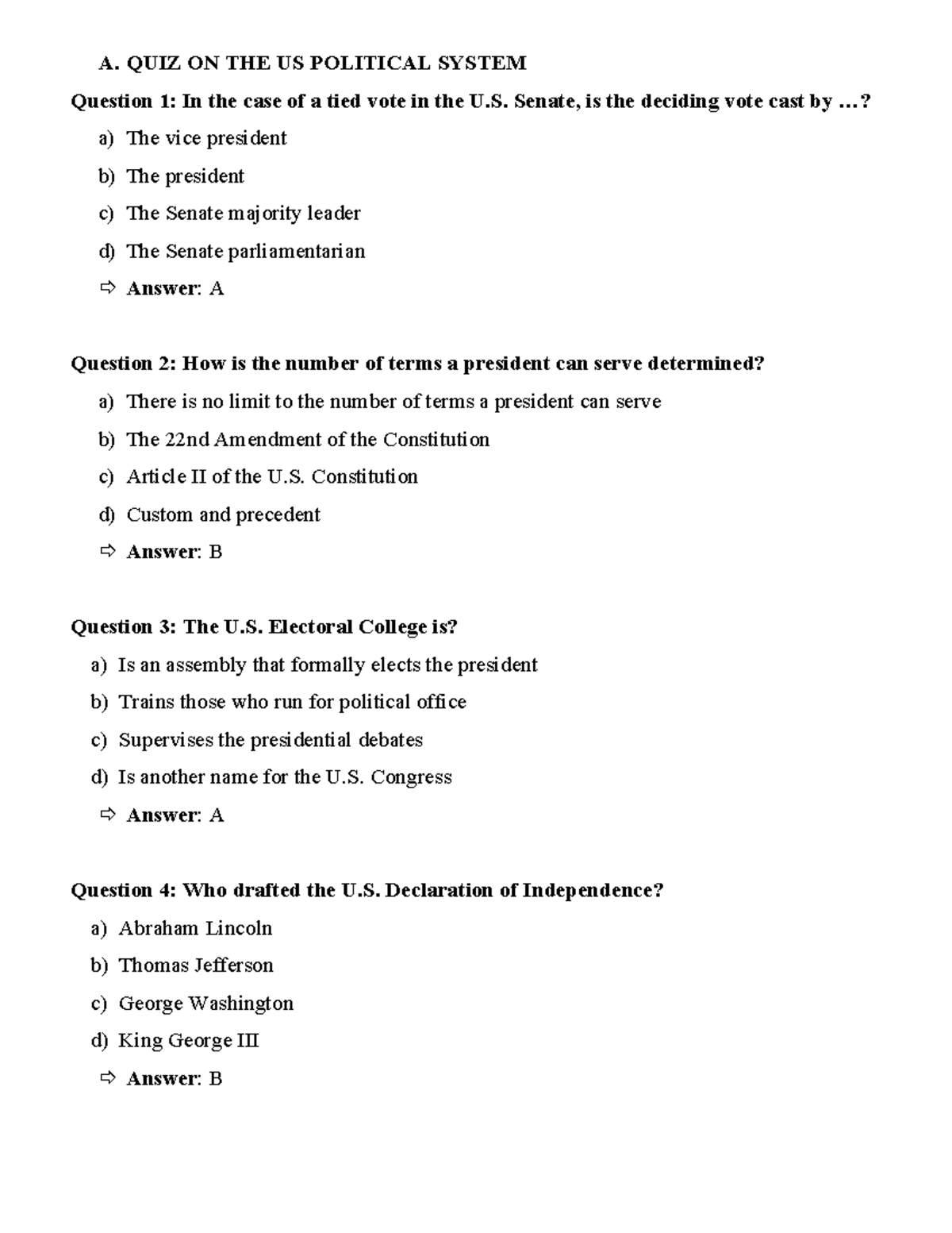 QUIZ ON THE US & UK Political System - A. QUIZ ON THE US POLITICAL ...
