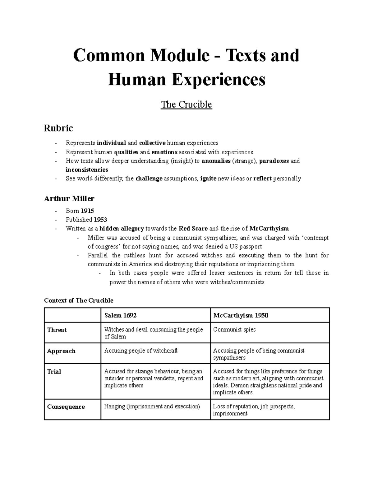 Crucible Notes 1 - Common Module - Texts and Human Experiences The ...
