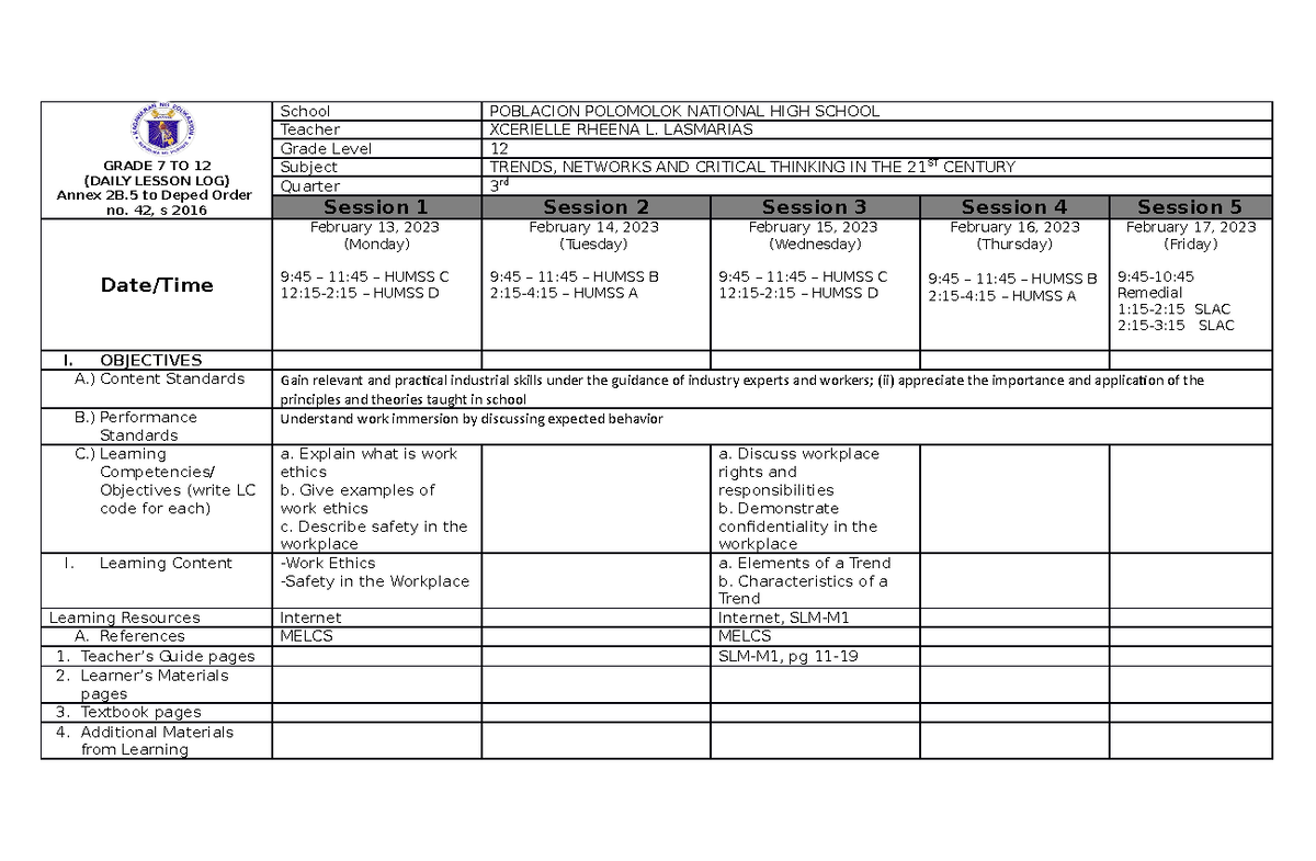 Immersion-week1 - reference - GRADE 7 TO 12 (DAILY LESSON LOG) Annex 2B ...