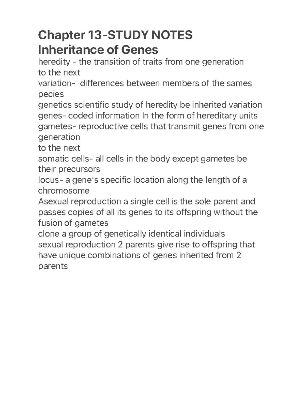Chapter 13- Study Notes - Chapter 13-STUDY NOTES Inheritance of Genes ...