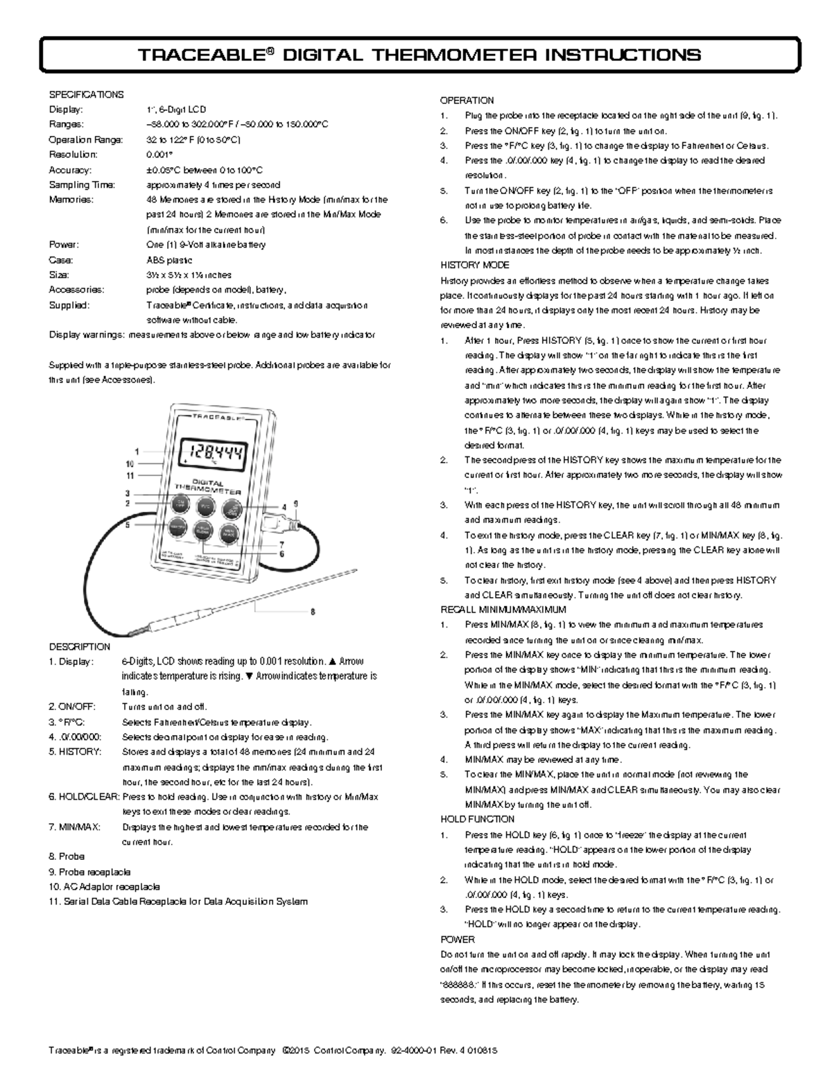 DOC-EX-002 Termómetro Digital Traceable 4000 - SPECIFICATIONS Display ...