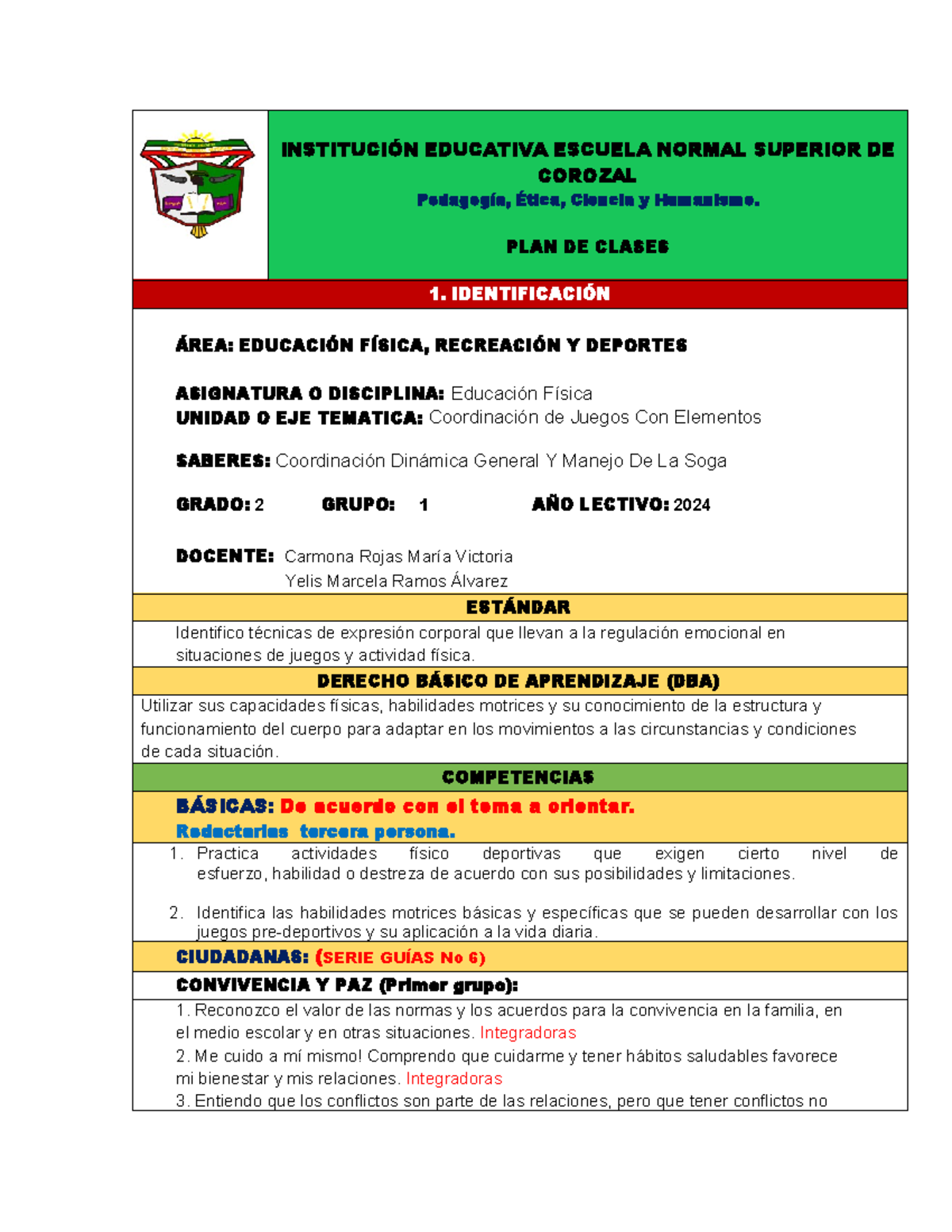 PLAN DE Clase educación fisica - INSTITUCIÓN EDUCATIVA ESCUELA NORMAL SUPERIOR DE COROZAL ...