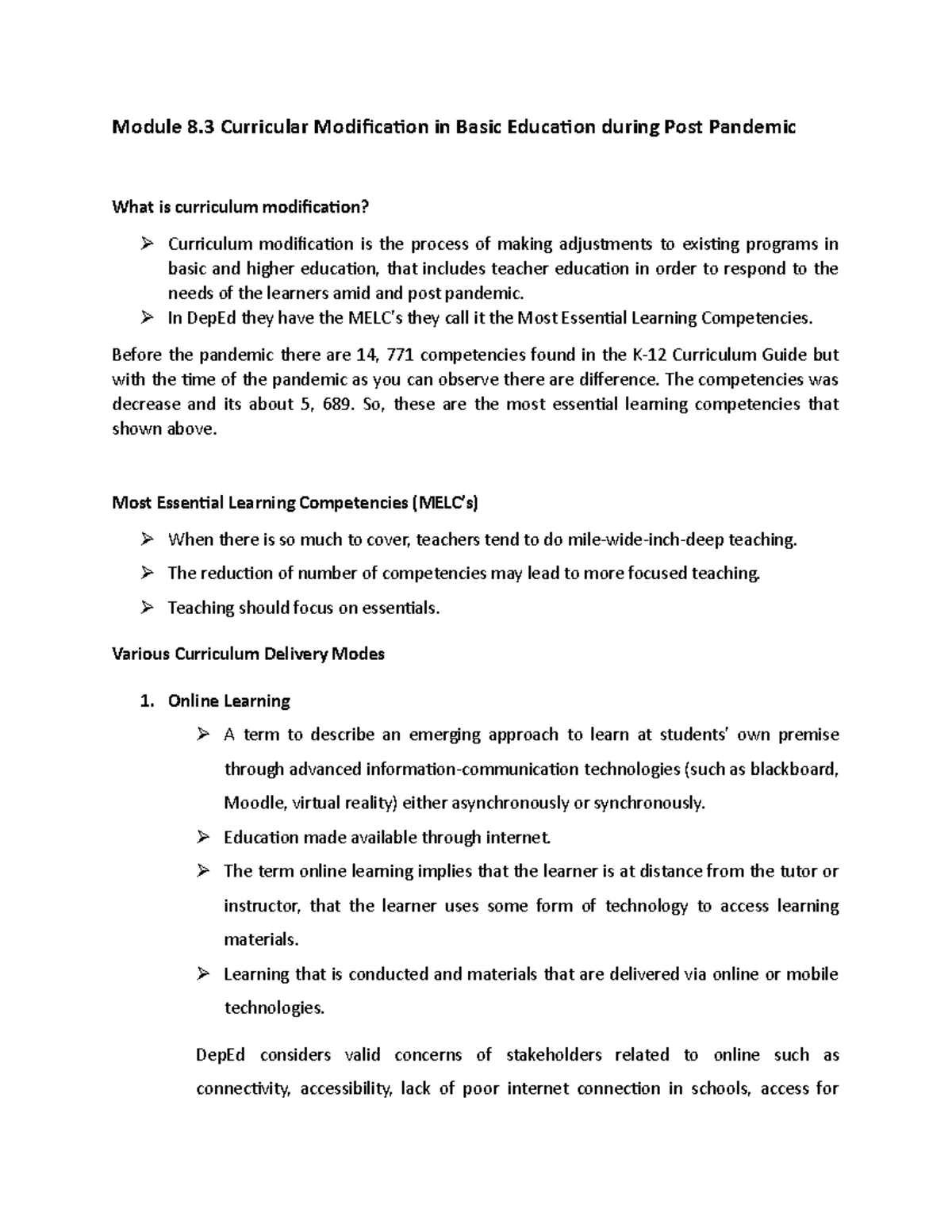 Curricular Modification in Basic Education during Post Pandemic - The ...