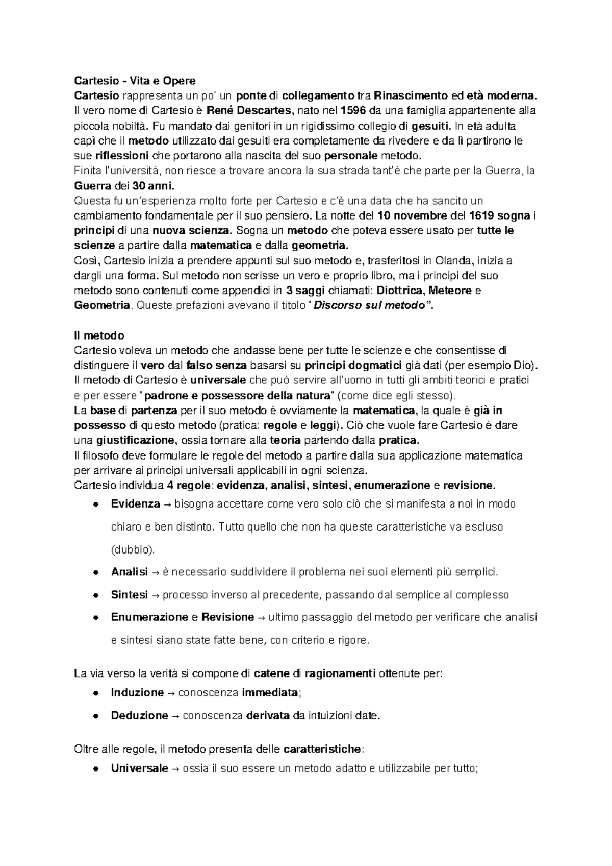 Cartesio - Appunti - Cartesio - Vita e Opere Cartesio rappresenta un po ...