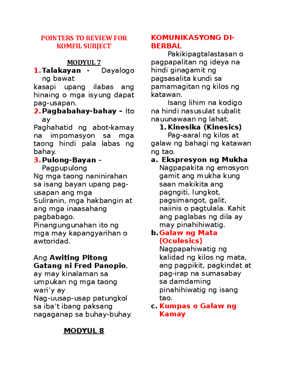 Reviewer-in- Komfil MID - POINTERS TO REVIEW FOR KOMFIL SUBJECT MODYUL 7 Talakayan - Dayalogo ng ...