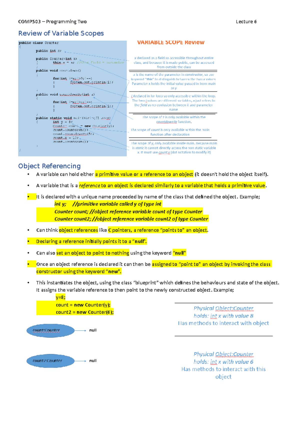 Programming Two Lecture Six - COMP503 – Programming Two Lecture 6 Review of Variable Scopes ...