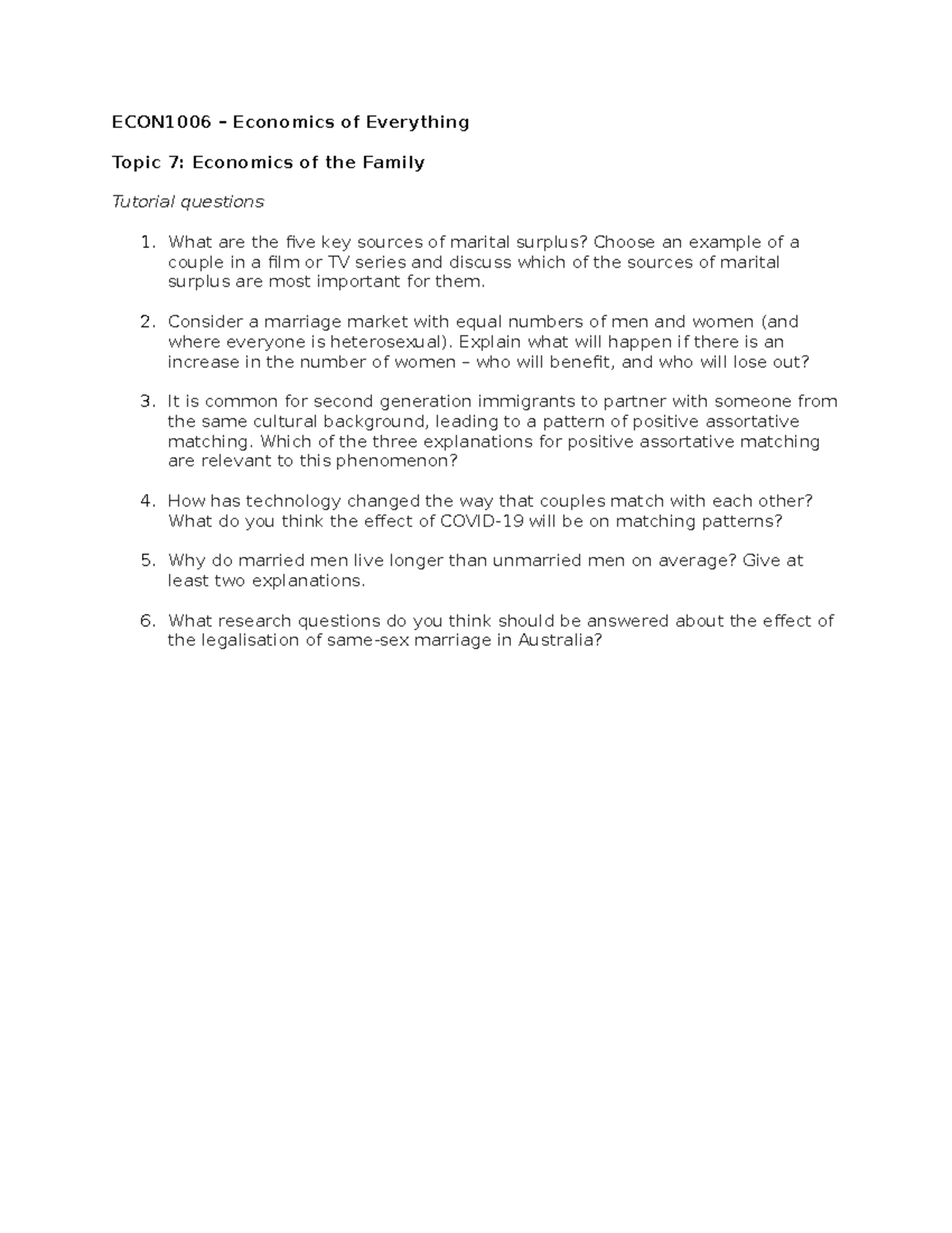 Tutorial questions-Family - ECON1006 – Economics of Everything Topic 7 ...