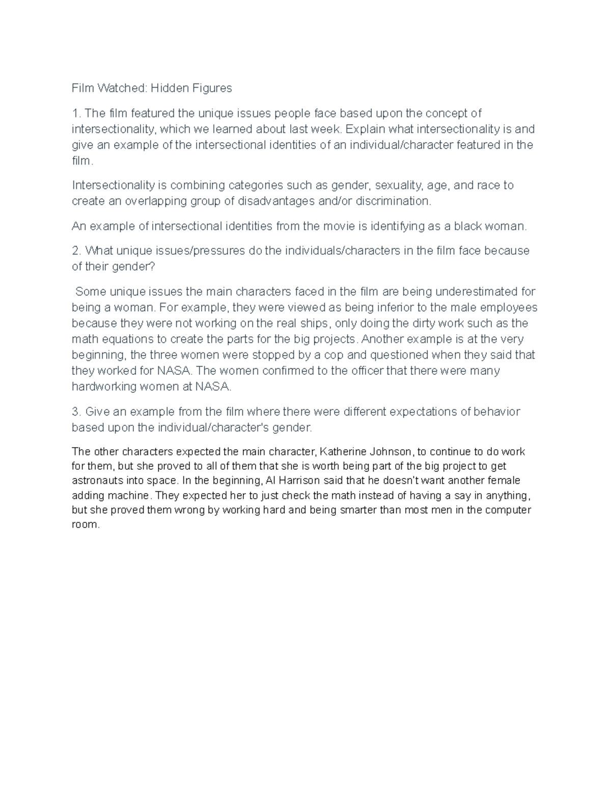 Culture in Film 7 - Analysis of films - Film Watched: Hidden Figures ...