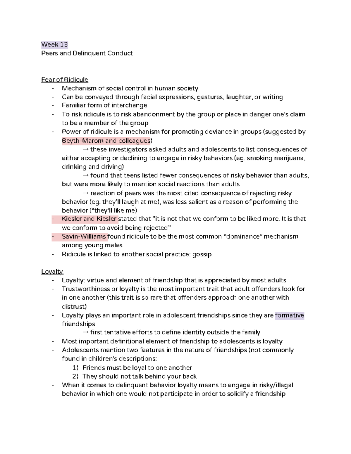 Peers and Delinquent Conduct Notes - Week 13 Peers and Delinquent ...