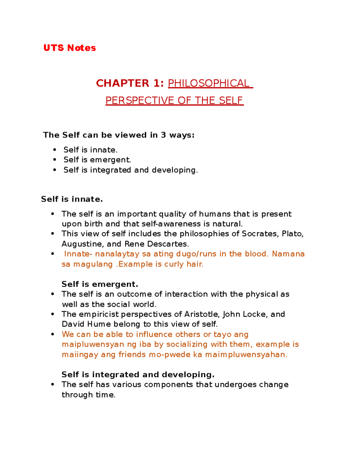 UTS - understanding the self - UTS Notes CHAPTER 1: PHILOSOPHICAL ...