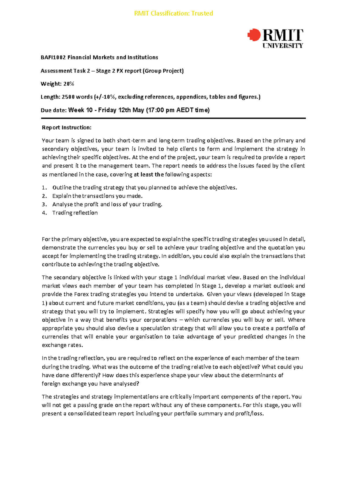Bafi1002 Stage 2 Report Instruction 3 Rmit Classification Trusted Bafi1002 Financial Markets