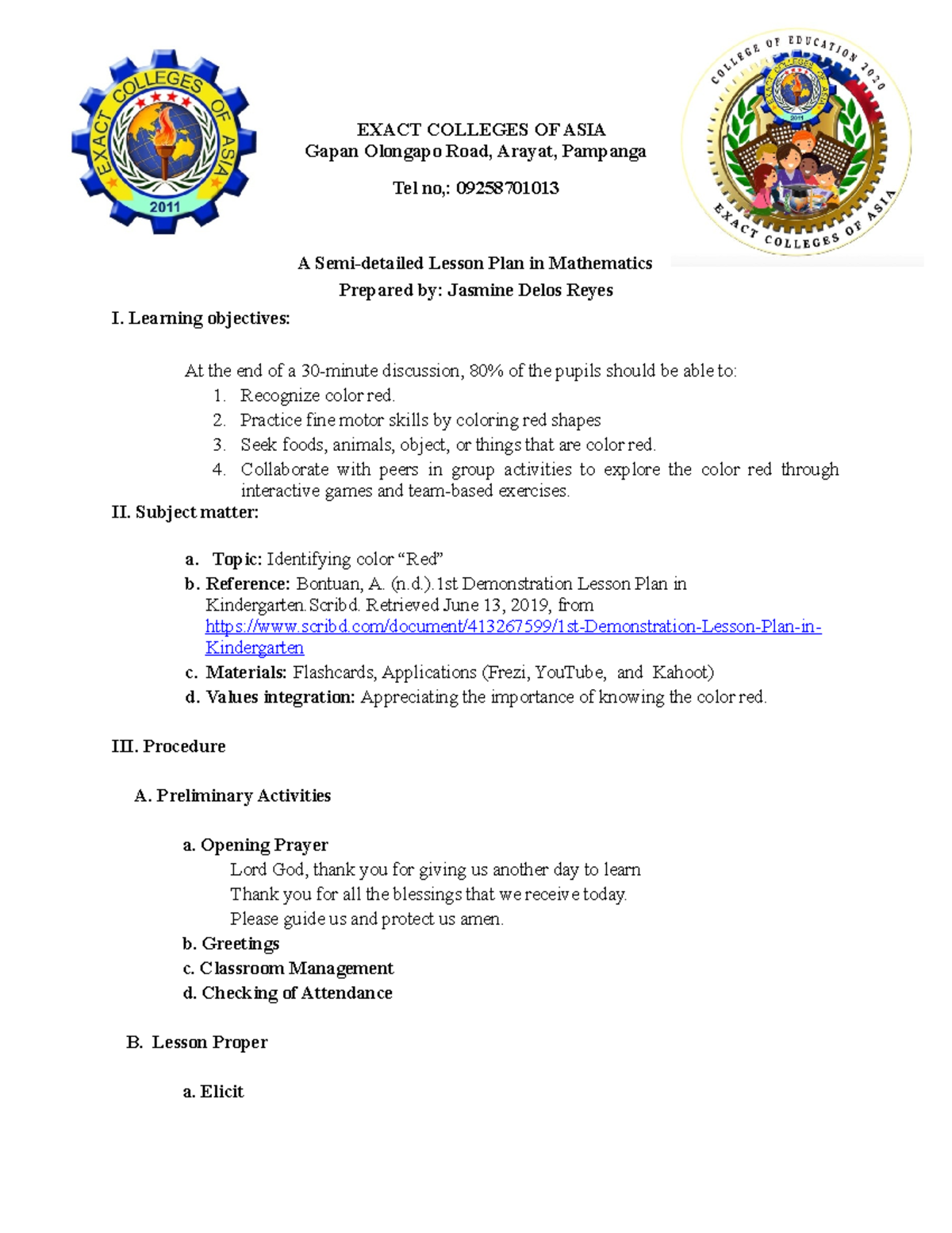 Lesson plan in ttl2 unfinished - EXACT COLLEGES OF ASIA Gapan Olongapo Road, Arayat, Pampanga ...