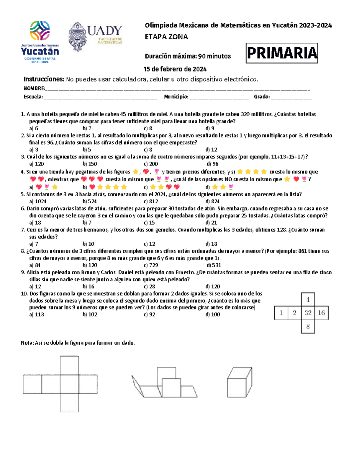 Ommyuc Primaria ZONA 2024 - Olimpiada Mexicana de Matemáticas en Yucatán 2023 - 2024 ETAPA ZONA ...