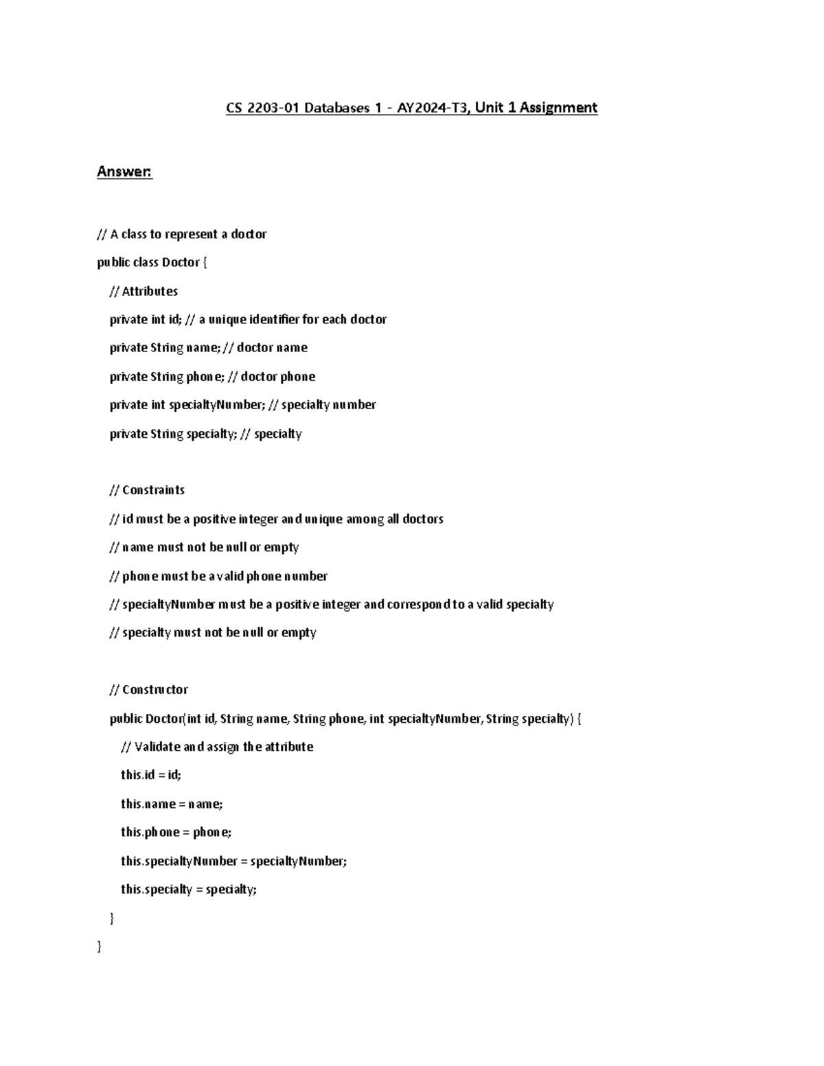 Database unit 1 assignment - CS 2203 - 01 Databases 1 - AY 2024 - T 3 , Unit 1 Assignment Answer ...