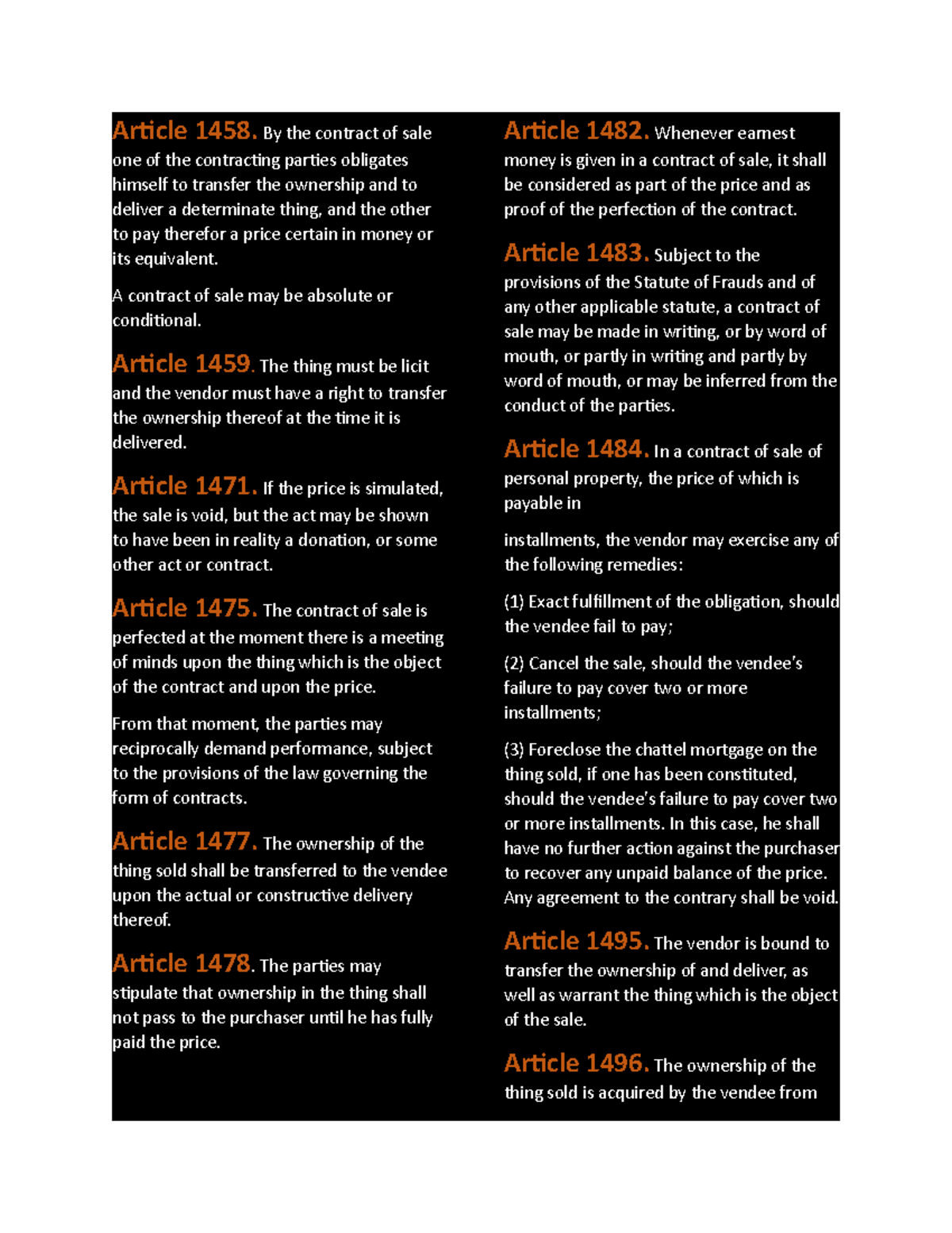 Article 1458 - reviewer - Aricle 1458. By the contract of sale one of ...