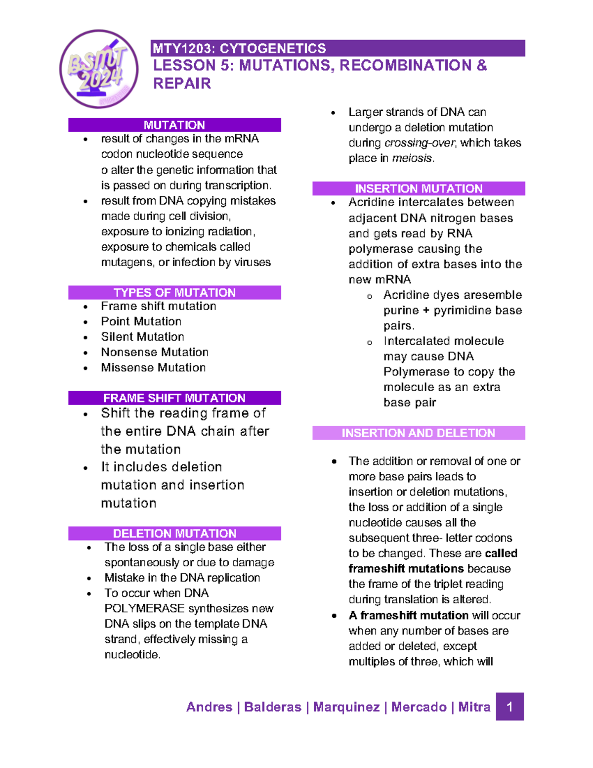 Lesson 5- Mutations, Recombination, and DNA Repair - MTY1203: CYTOGENETICS LESSON 5: MUTATIONS ...
