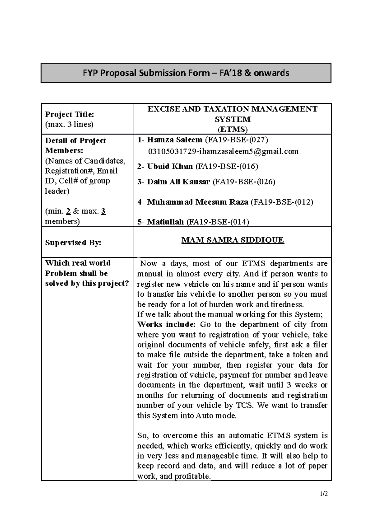 Fyp Proposal Night Stalker - Project Title: (max. 3 lines) EXCISE AND ...