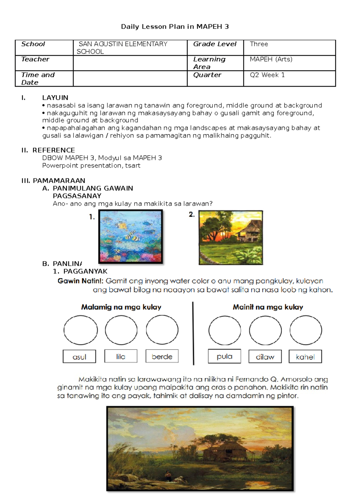Arts Week 2 - Materials - Daily Lesson Plan in MAPEH 3 School SAN ...