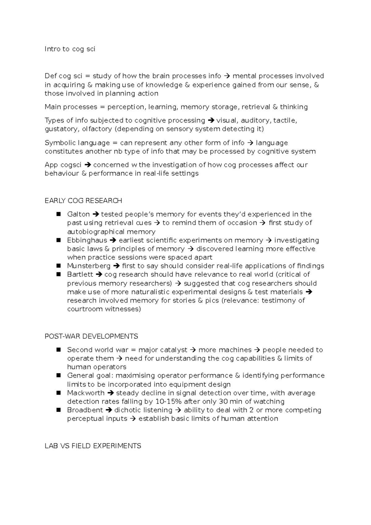Intro To Cogsci(psy3009f) - Intro to cog sci Def cog sci = study of how the brain processes info ...