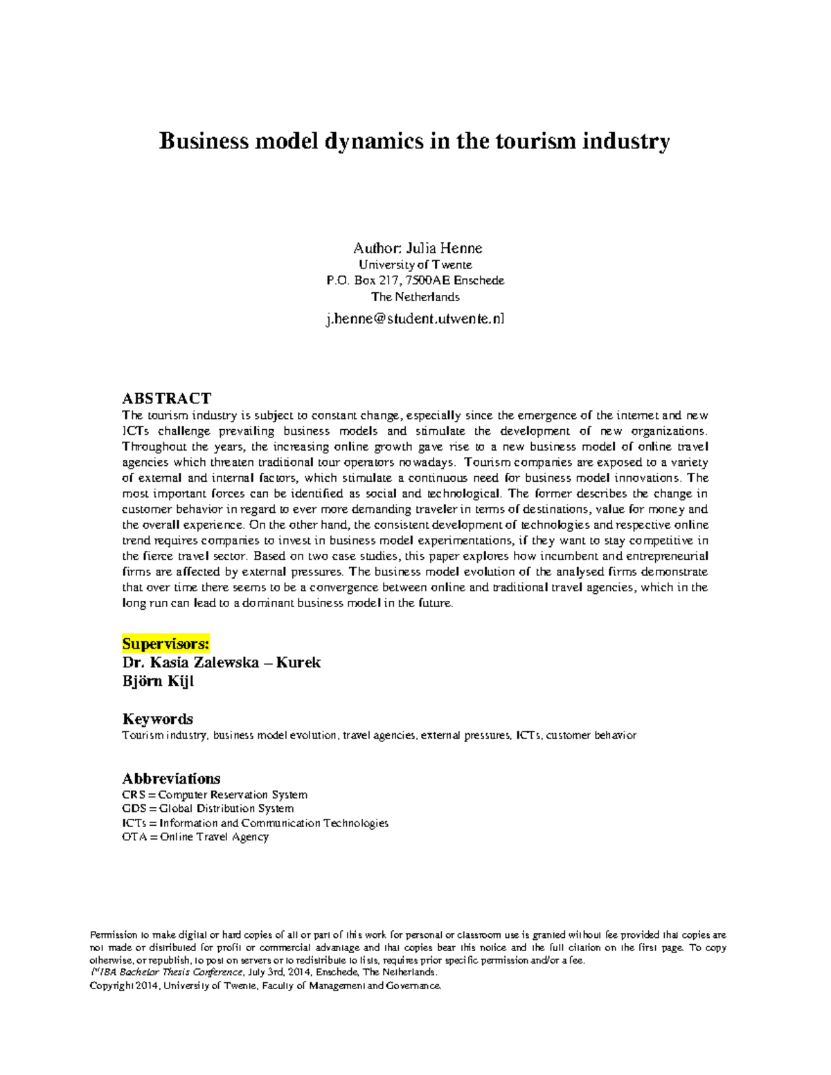 Business Model Dynamics - Box 217, 7500AE Enschede The Netherlands j ...