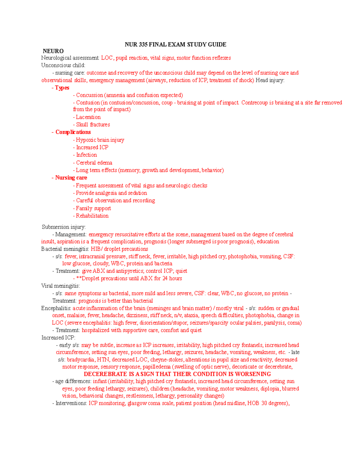 NUR335 Final - NUR 335 FINAL EXAM STUDY GUIDE NEURO Neurological ...