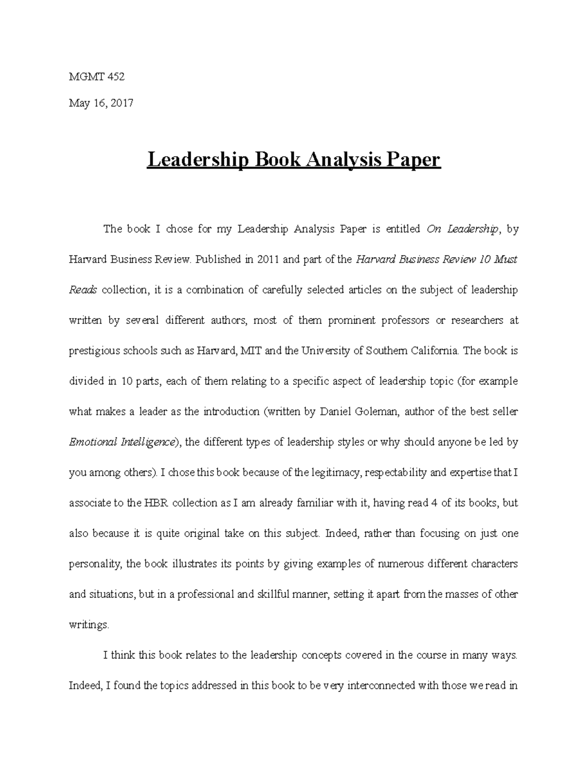 Leadership Book Analysis Paper StuDocu leadership-book-analysis-paper-studocu