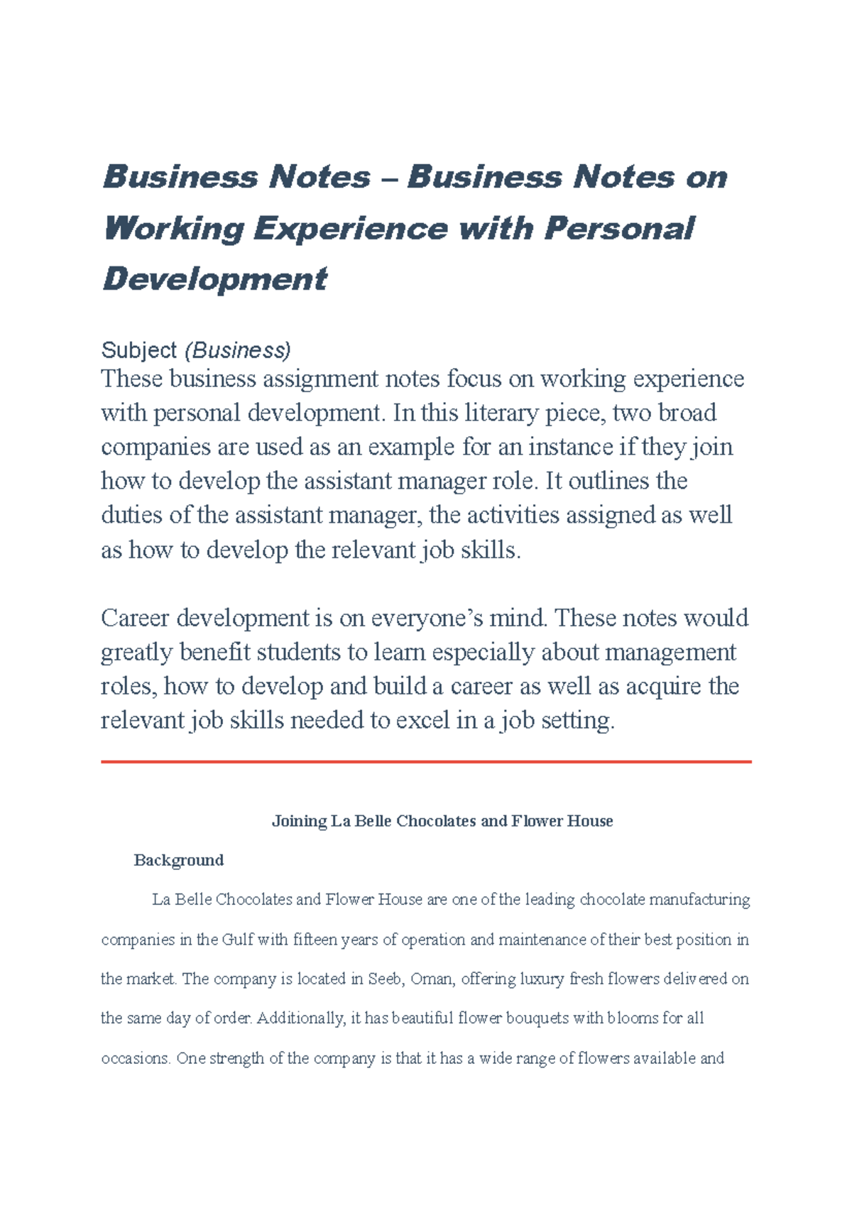 Business Notes on Working Experience with Personal Development ...