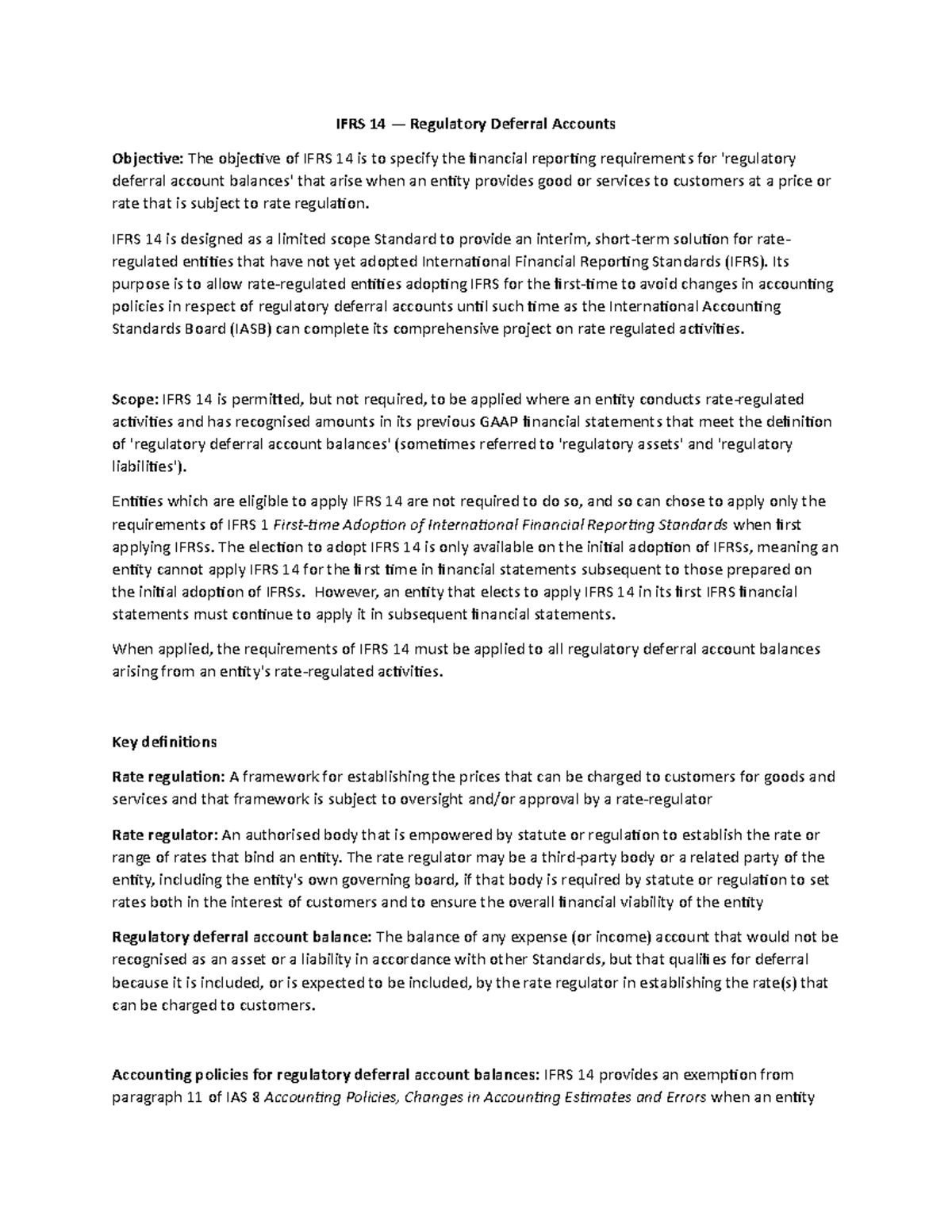 IFRS 14 ACCA Sbr Notes IFRS 14 Regulatory Deferral Accounts