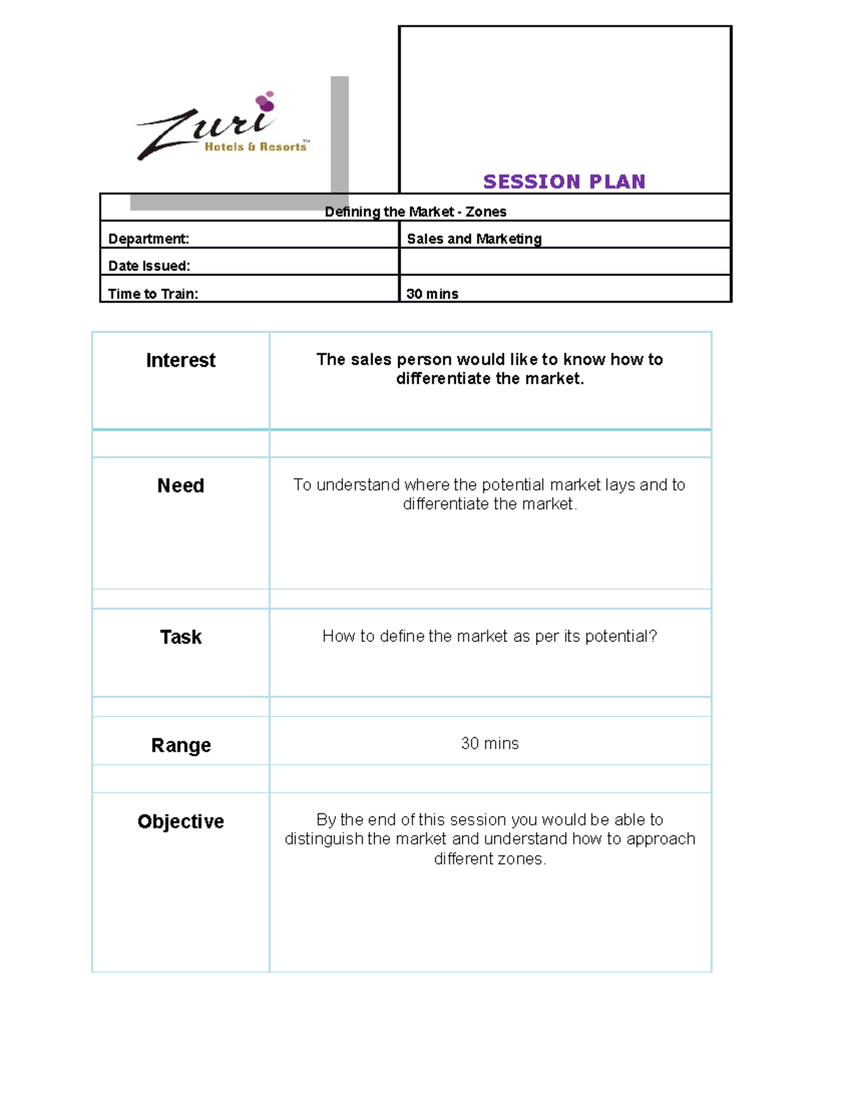 Defining the Market - Zones - SESSION PLAN Defining the Market - Zones ...