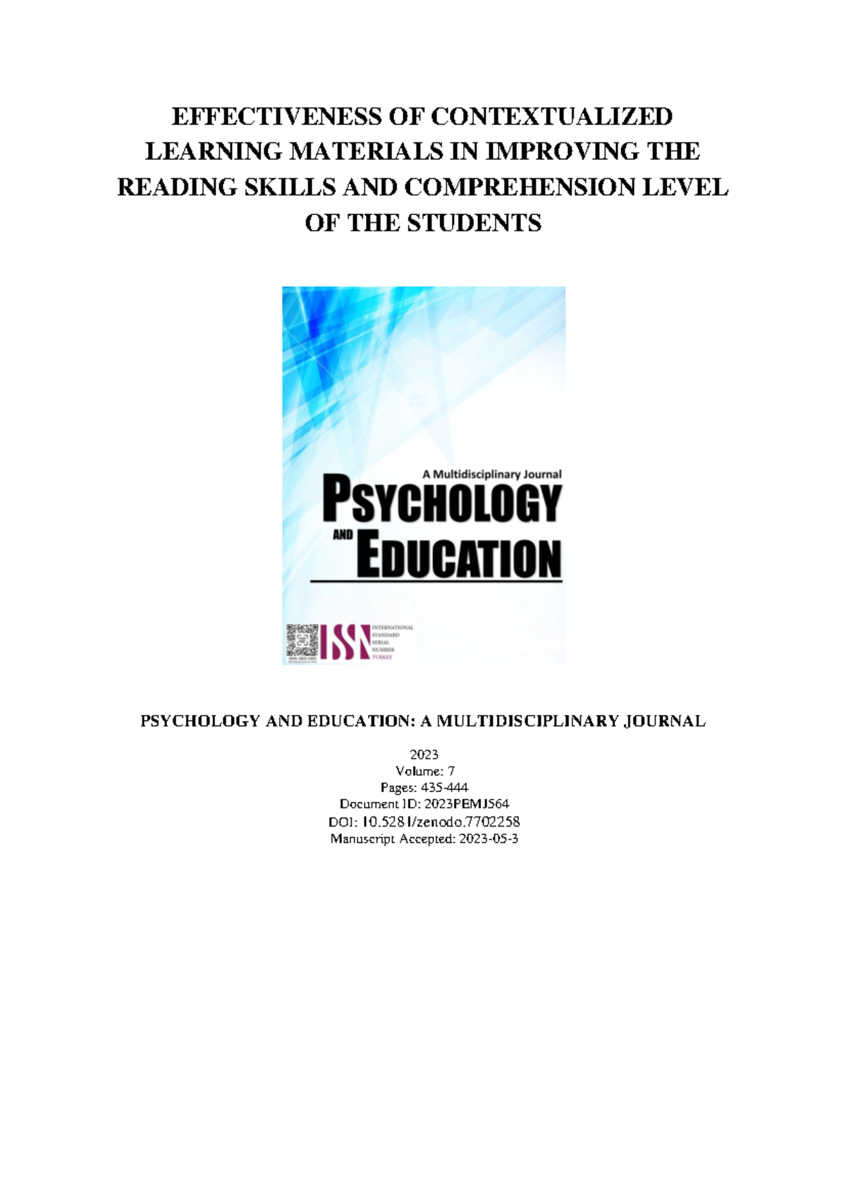 Resource #1(google scholar) - EFFECTIVENESS OF CONTEXTUALIZED LEARNING ...