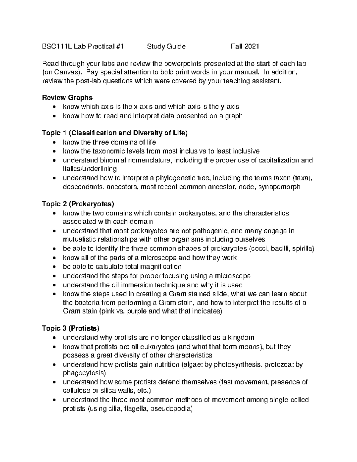 BSC111L Lab Practical 1 study guide - Pay special attention to bold ...