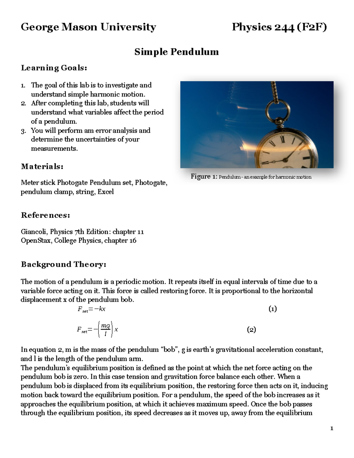 Phys 244 Simple pendulum F2F Fall 2022(1) - George Mason University ...