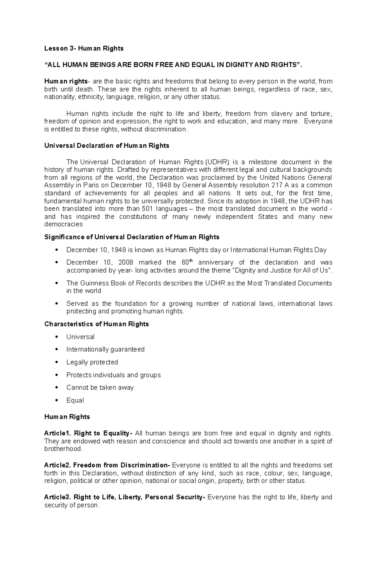 Lesson 7 Human Rights new - Lesson 3- Human Rights “ALL HUMAN BEINGS ...