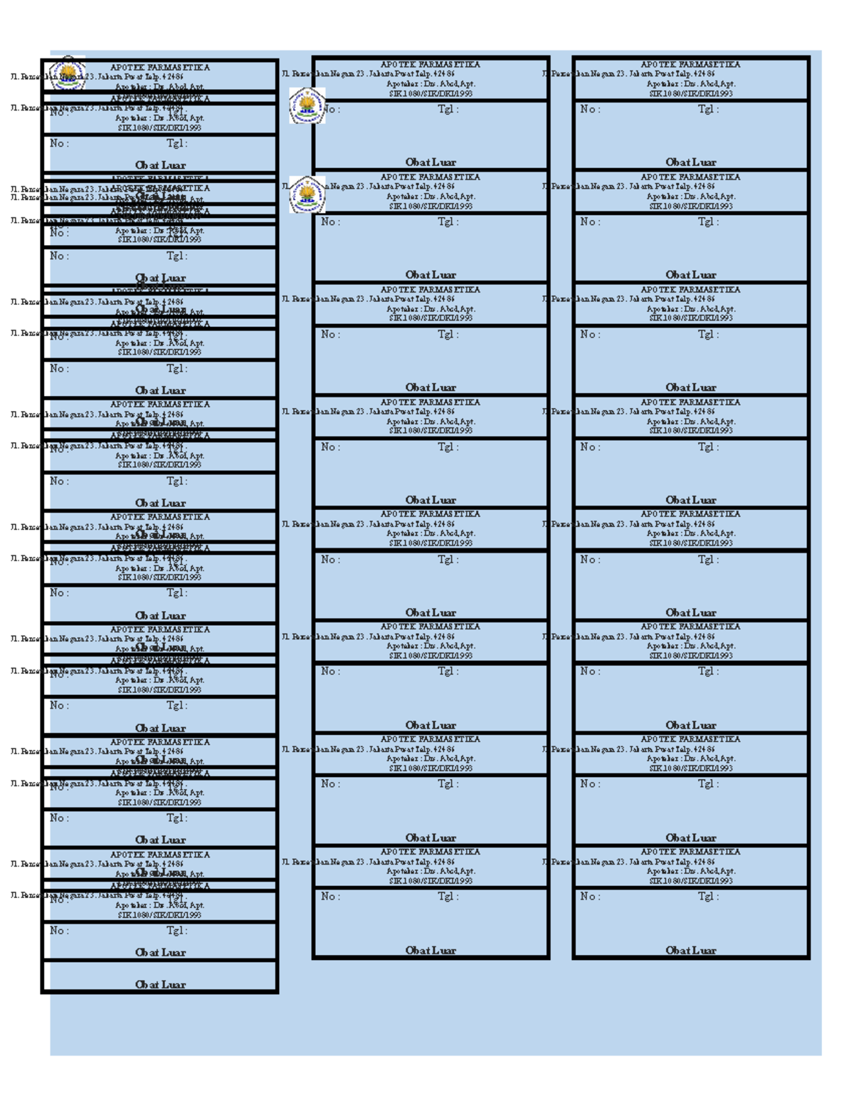 Etiket BIRU - APOTEK FARMASETIKA Jl. Percetakan Negara 23. Jakarta ...