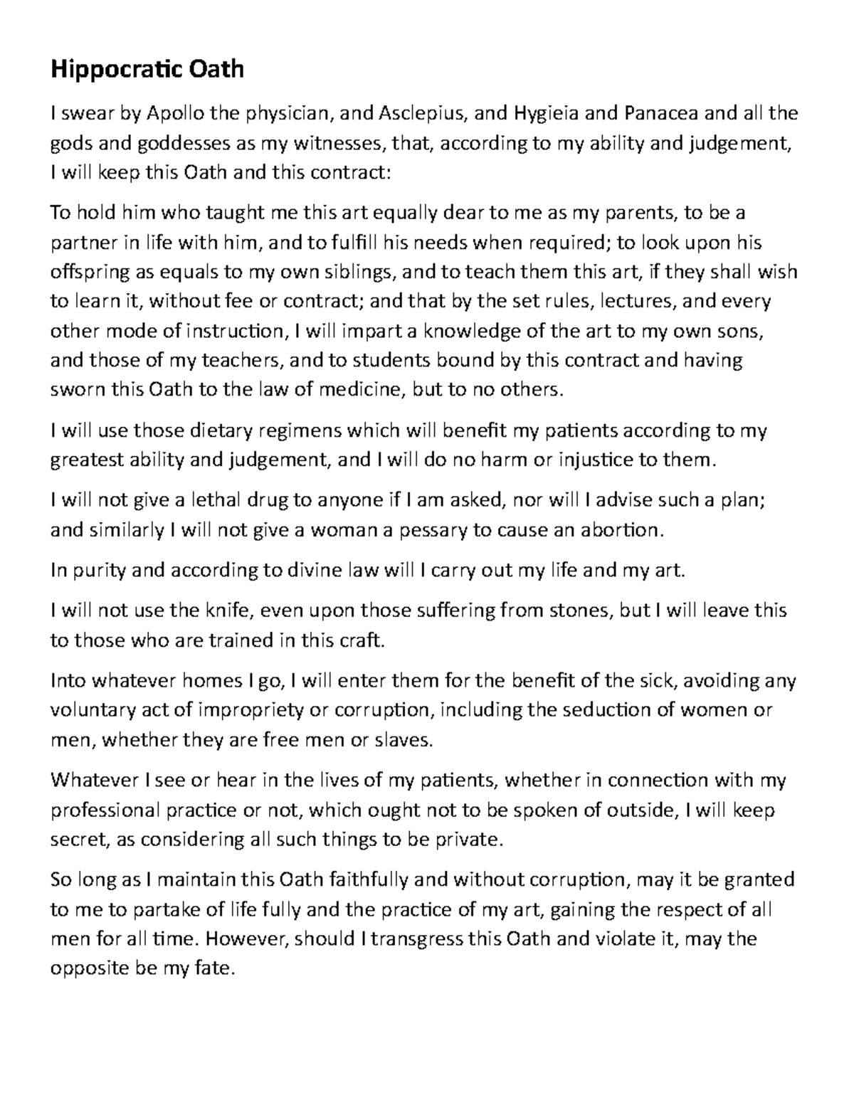 Oath, Pledge, Galen, Caduceus - Hippocratic Oath I swear by Apollo the ...