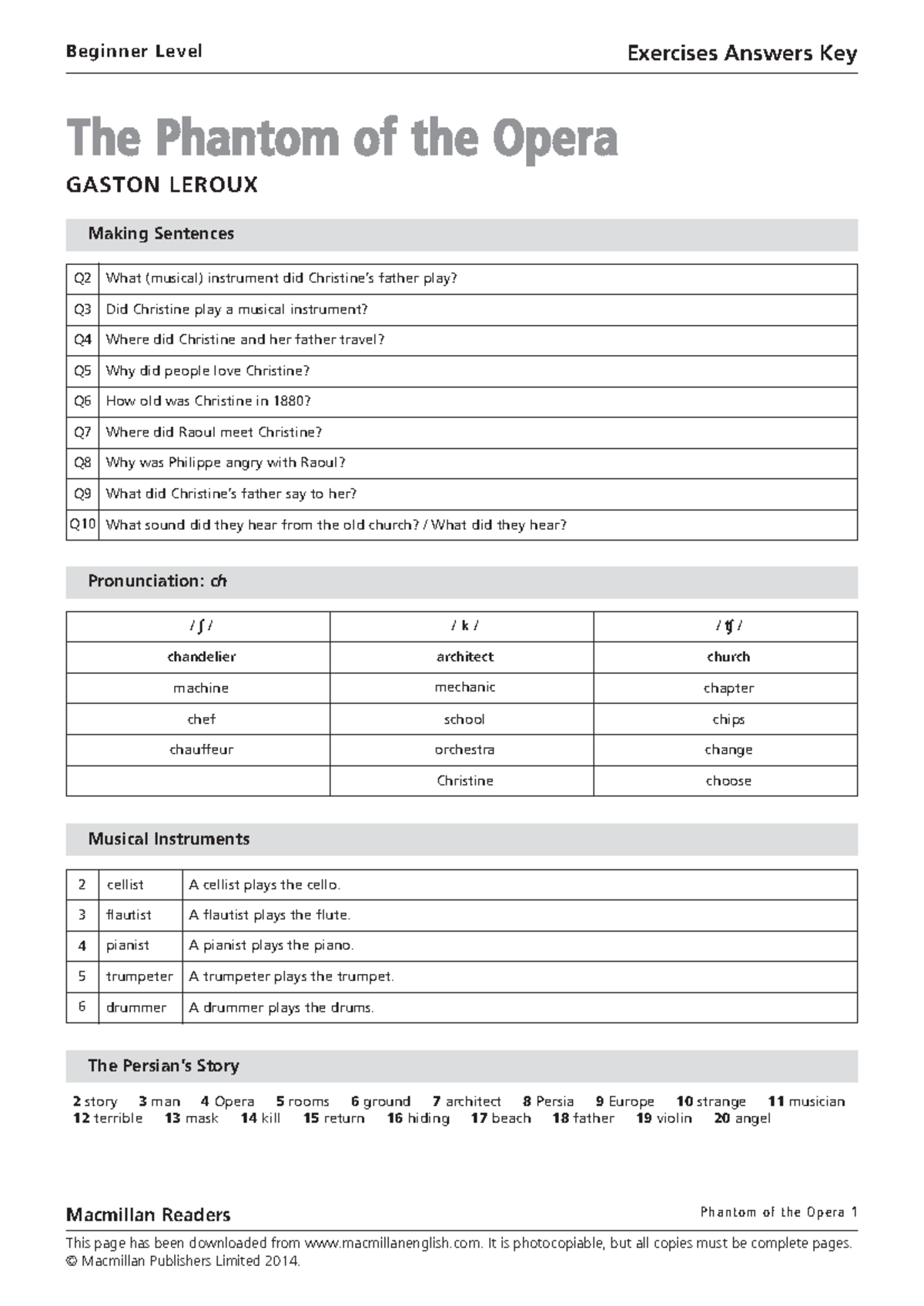 The Phantom of the Opera Extra Exercises Answer Key - Beginner Level ...