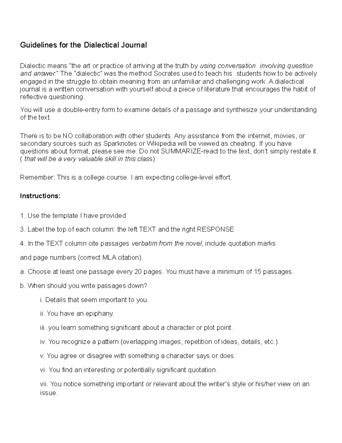 Guidelines for the Dialectical Journal - Guidelines for the Dialectical ...