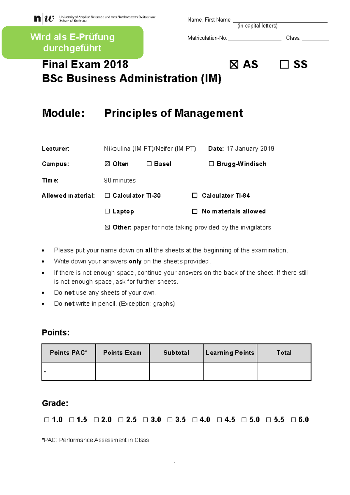 Mock exam - First semester POM - (in capital letters) Matriculation-No