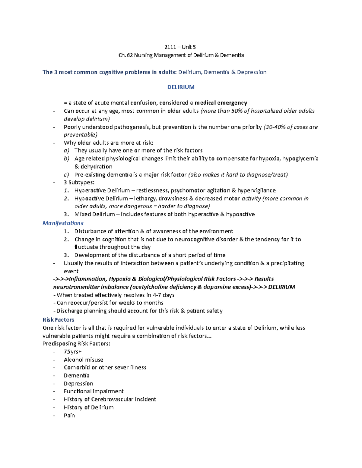 N2111 UNIT 5 - Ch. 62 Delirium, Alzheimer's notes - 2111 – Unit 5 Ch ...