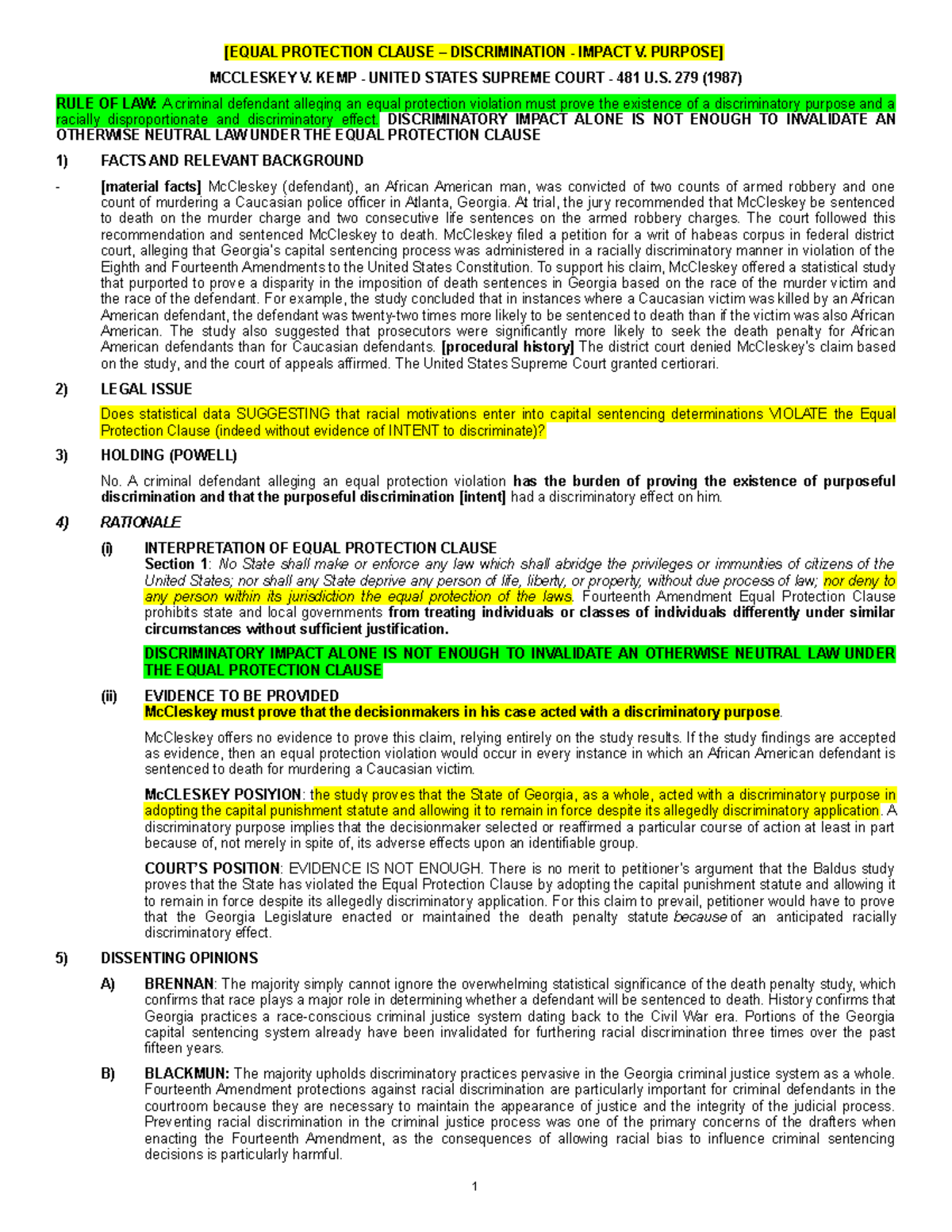 Case brief Mc Cleskey v. KEMP - (ConLaw - case brief and class notes ...
