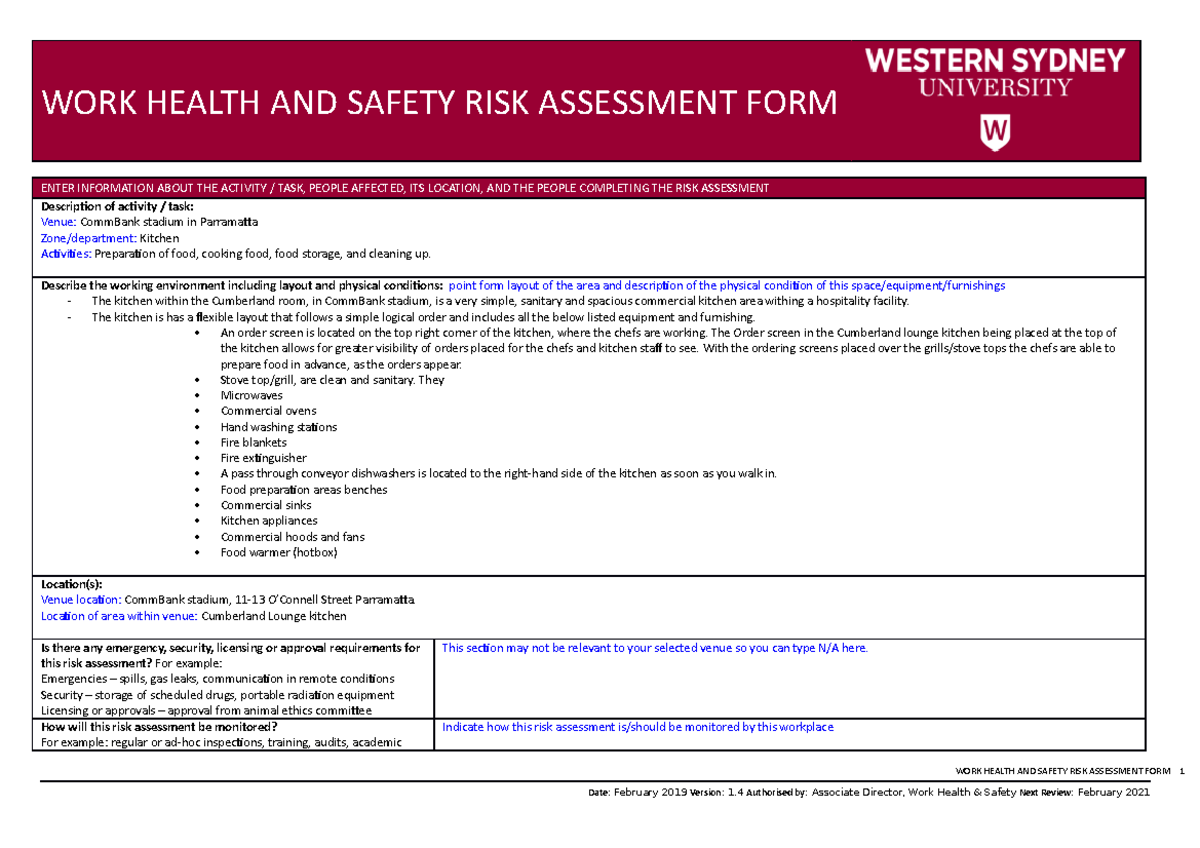 WHS Risk Assessment Form V1.4 HPE asessment task 3-2 - WORK HEALTH AND ...